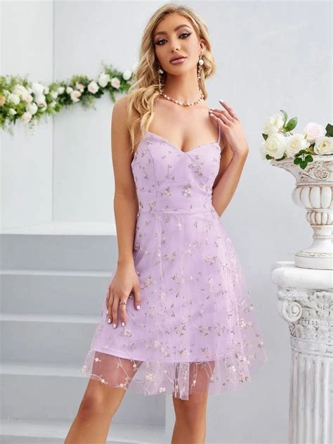 Criss Cross Tie Back Floral Embroidery Mesh Cami Dress Embroidery