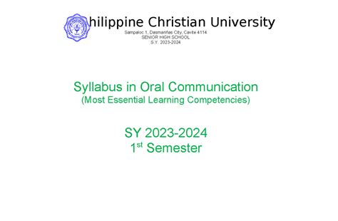 Oc Course Syllabus Philippine Christian University Sampaloc 1 Dasmariñas City Cavite 4114