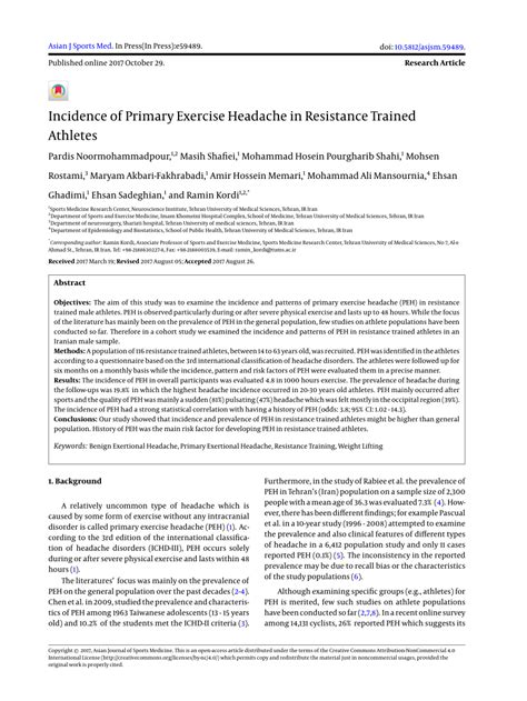 Pdf Incidence Of Primary Exercise Headache In Resistance Trained Athletes