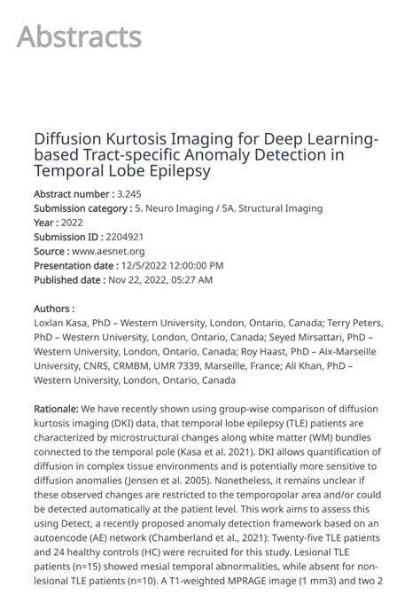Pdf Diffusion Kurtosis Imaging For Deep Learning Based Tract Specific Anomaly Detection In