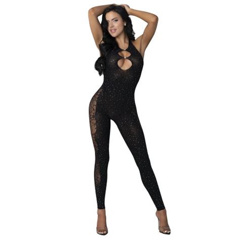 Exposed Seamless Halter Body Stocking With Clear Rhinestones Black