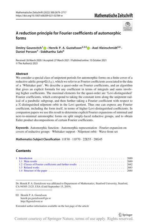 Pdf A Reduction Principle For Fourier Coefficients Of Automorphic Forms