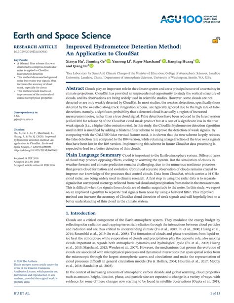 Pdf Improved Hydrometeor Detection Method An Application To Cloudsat