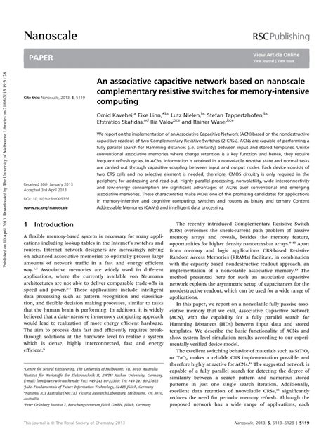 Pdf Associative Capacitive Network Based On Nanoscale Complementary Resistive Switches For