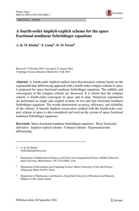 Pdf A Fourth Order Implicit Explicit Scheme For The Space Fractional Nonlinear Schrödinger