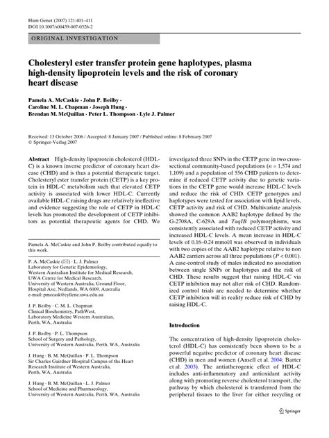 Pdf Cholesteryl Ester Transfer Protein Gene Haplotypes Plasma High