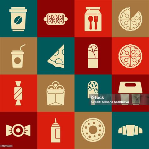 크루아상 커피 컵 피자 온라인 주문 및 배달 슬라이스 피자 빨대가있는 종이 유리 도너 케밥 아이콘을 설정합니다 벡터 0명에 대한 스톡 벡터 아트 및 기타 이미지 Istock