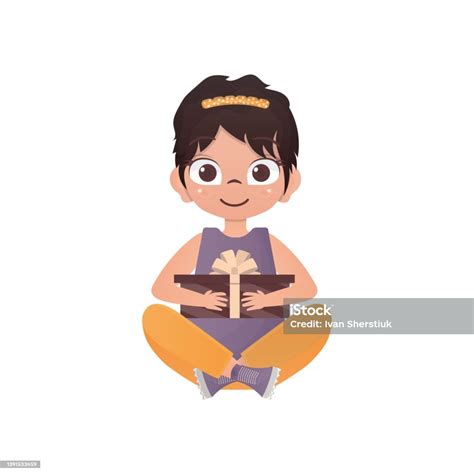 행복한 소녀는 연꽃 자리에 앉아 선물 상자를 손에 쥐고 있습니다 격리 벡터 일러스트레이션 공휴일에 대한 스톡 벡터 아트 및 기타 이미지 Istock