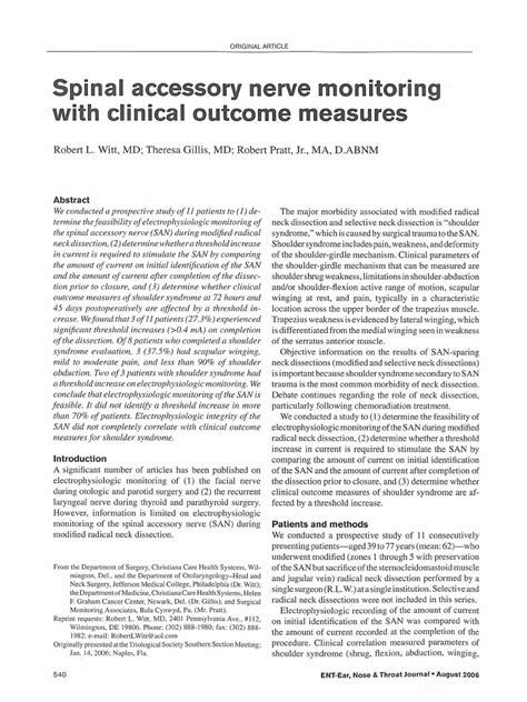 Witt Et Al 2006 Spinal Accessory Nerve Monitoring With Clinical Outcome Measures Pdf Human