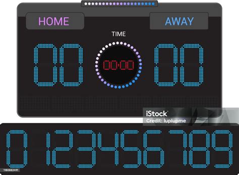 스코어 보드 벡터 점수 보드 디지털 디스플레이 축구 축구 팀 경기 경기장 일러스트 세트의 점수 보드 챔피언십 정보 흰색 배경에 격리 Led 조명에 대한 스톡 벡터 아트 및