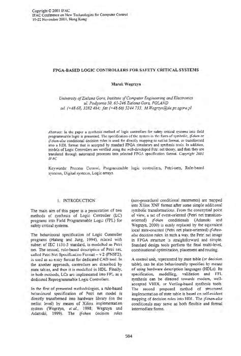 Pdf Fpga Based Logic Controllers For Safety Critical Systems