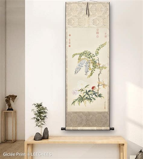Wisteria And Peony Blossoms Vertical Vibrant Chinese Silk Hanging