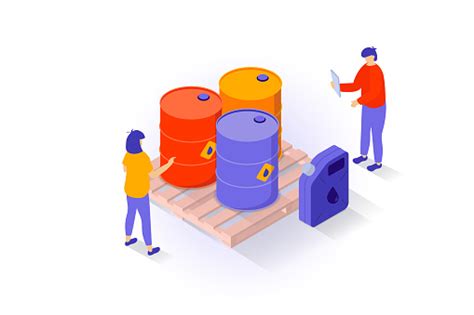 3d 아이소메트릭 디자인의 석유 산업 개념 연료 배럴 저장 및 연료 보급용 벤젠 용기 옆의 주유소 근로자 웹 그래픽을 위한 등각측정 장면이 있는 벡터 그림 3차원 형태에