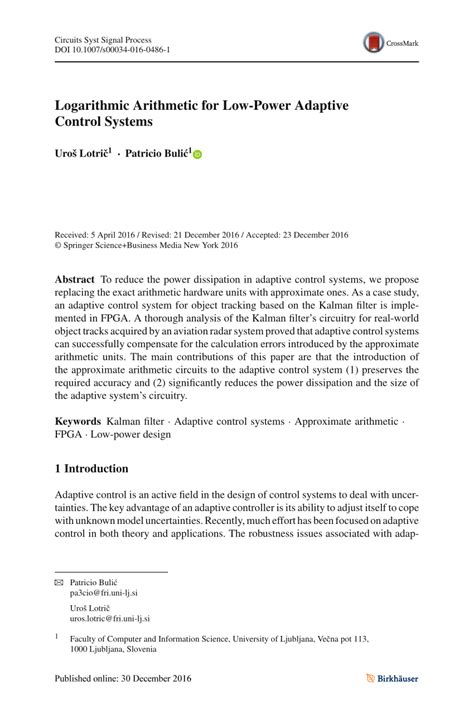 Pdf Logarithmic Arithmetic For Low Power Adaptive Control Systems