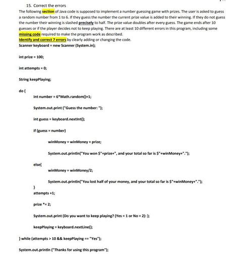 Solved Correct The Errors The Following Section Of Java Chegg