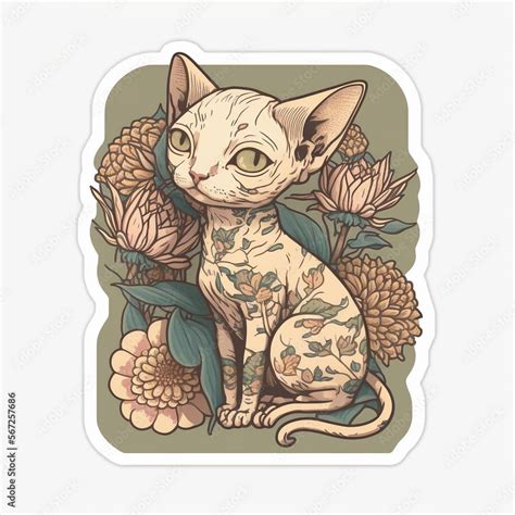 Beautiful Sticker With Cute Chibi Sphinx Cat And Flowers In Retro Art Nouveau Style William
