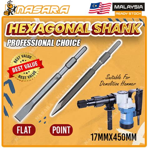 Nasara 1pcs Hex Shank Chisel Bit 17mm X 450mm Point Flat Concrete Chisel Bit For Electric
