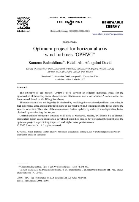 Pdf Optimum Project For Horizontal Axis Wind Turbines ‘ophwt Dr Ali Helali