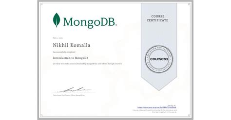 Completion Certificate For Introduction To Mongodb Nikhil Komalla