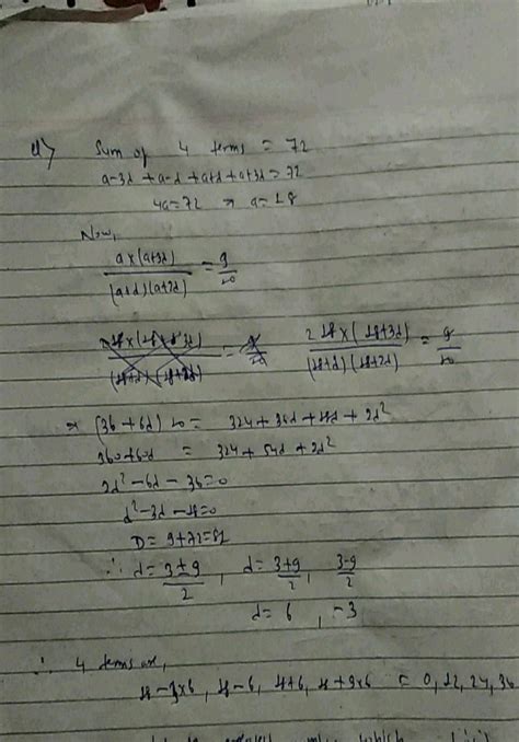 find four consecutive terms in an a p whose is 72 thatnthe ratio of