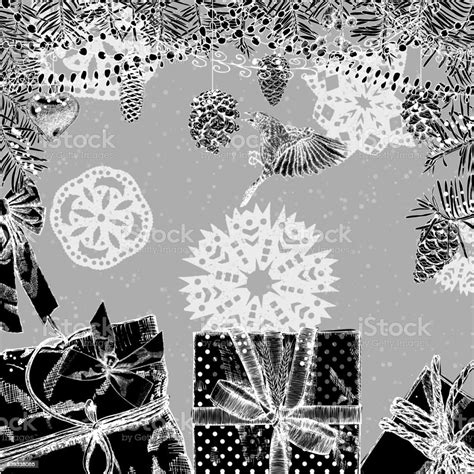 선물 상자와 장난감 휴일 크리스마스 배경 테이블 래핑된 선물입니다 흑인과 백인 초대 텍스트에 대 한 공간을 가진 그려진된 카드를