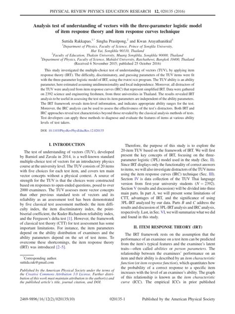 2016 Analysis Test Of Understanding Of Vectors With The Three Parameter Logistic Model Pdf