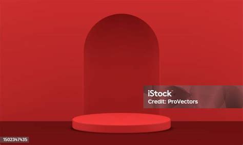 빨간색 3d 받침대 아치 길 구멍 벽 실린더 플랫폼 스탠드 미니멀리스트 스튜디오 배경 벡터 0명에 대한 스톡 벡터 아트 및 기타