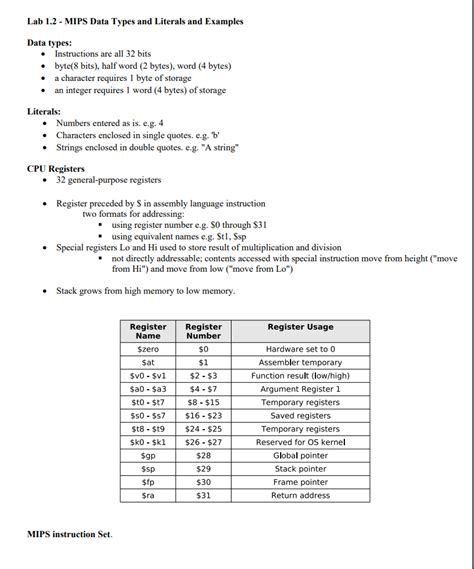 Lab 12 Mips Data Types And Literals And Examples