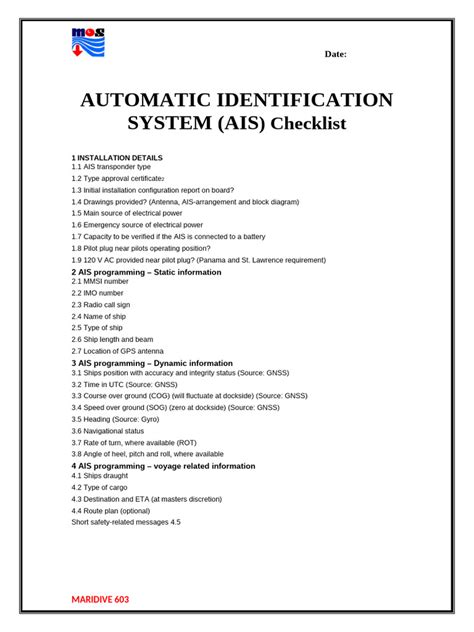 automatic identification system ais checklist pdf