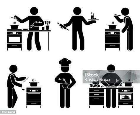 스틱 그림 남성 요리 집에서 부엌 벡터 삽화 수프를 만들고 식사를 맛보고 야채를 자르는 스틱맨 아이콘 픽토그램 가공의 인물에