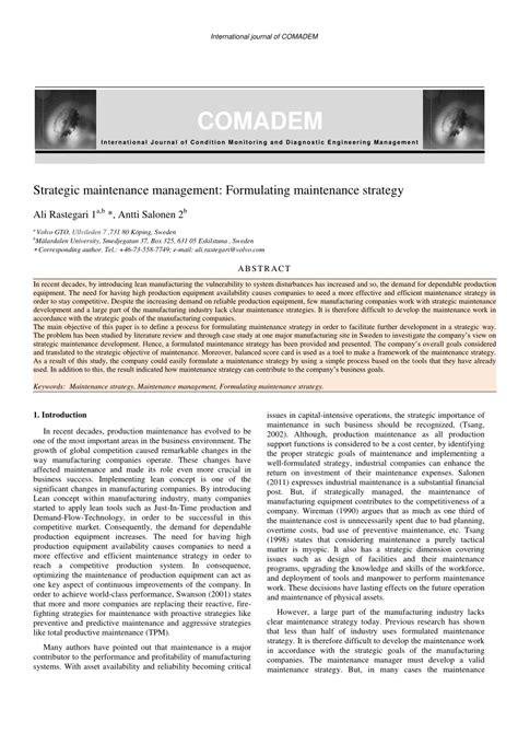 Pdf Strategic Maintenance Management Formulating Maintenance Strategy