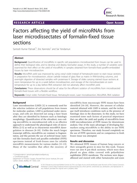 Pdf Factors Affecting The Yield Of Micrornas From Laser Microdissectates Of Formalin Fixed
