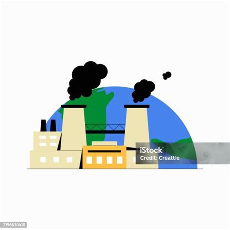 산업 오염과 환경 위기를 상징하는 평면 벡터 일러스트 레이 션에서 행성에 영향을 미치는 공장 배출 흰색 배경에 고립 0명에 대한 스톡 벡터 아트 및 기타 이미지 Istock