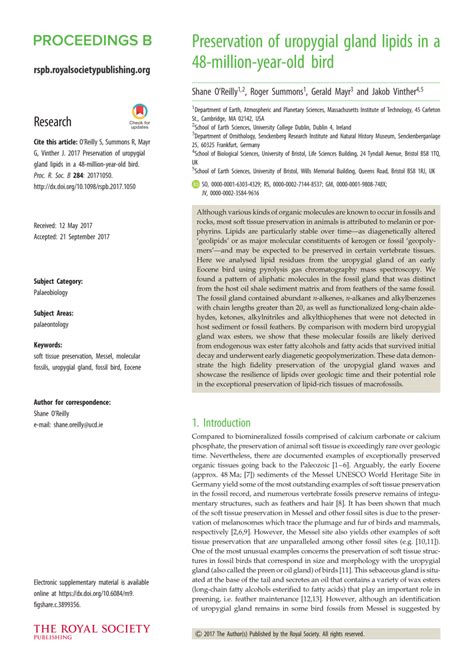 Preservation Of Uropygial Gland Lipids In A 48 Million Year Old Bird