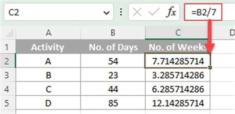 convert number of days to weeks in excel simple formulas