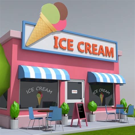 Ice Cream Shop Pink Facade With Outdoor Seating Exhibidor De