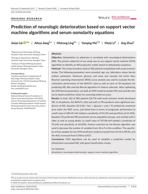 pdf prediction of neurologic deterioration based on support vector