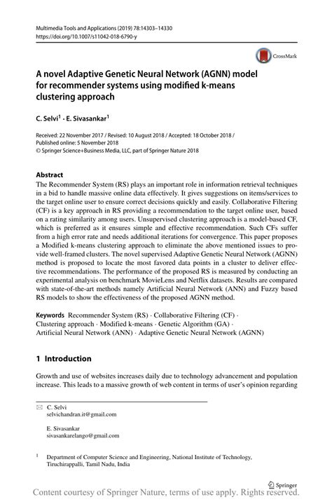 A Novel Adaptive Genetic Neural Network AGNN Model For Recommender Systems Using Modified K