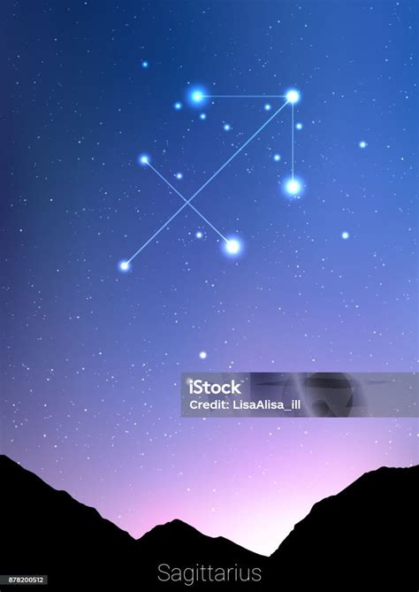 궁수자리 조디악 별자리 갤럭시와 뒤에 공간 아름 다운 밤하늘에 숲 풍경 실루엣으로 서명합니다 깊은 우주 배경에 궁수자리 별자리 기호 별자리입니다 0명에 대한 스톡 벡터 아트