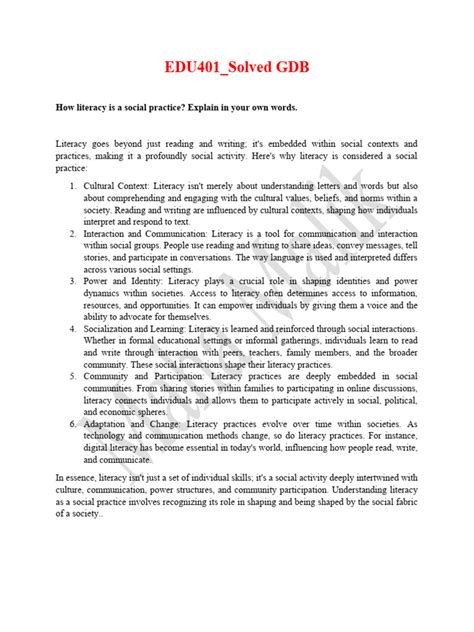 Edu401 Solved Gdb Pdf Literacy Community
