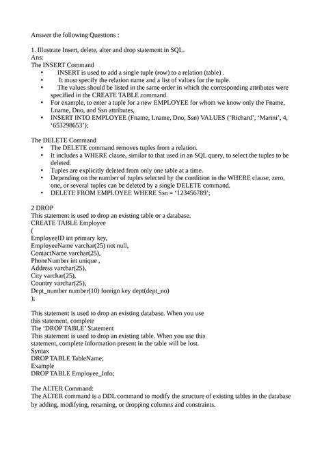 Dbms 12 This Is An Assignment Answer The Following Questions Illustrate Insert Delete