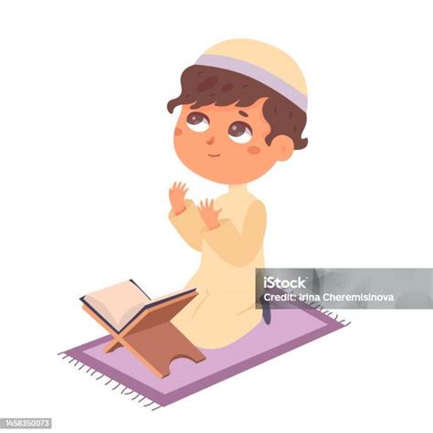무슬림 소년은 기도하고 전통적인 이슬람 모자를 쓰고 무릎을 꿇고 기도하는 드레스를 입은 아이 기도하기에 대한 스톡 벡터 아트 및 기타 이미지 Istock