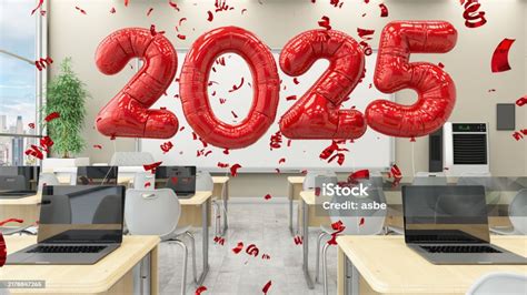 Class Of 2025 Concept With Balloons And Confetti In A Modern Classroom 2025 Education Year Stock