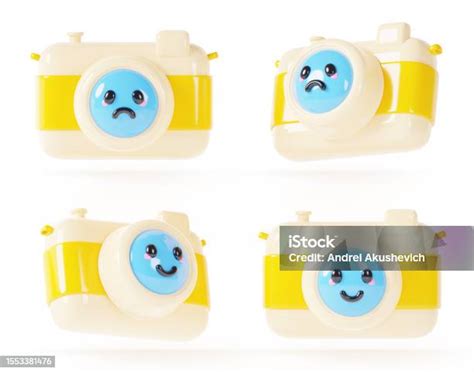 귀여운 사진 카메라 캐릭터 얼굴 이모티콘 3d 렌더링 아이콘 세트 만화 고립 된 만화 행복한 미소와 슬픈 사진 장비가 정면과 각도에서 볼 수 있습니다 재미 있은 플라스틱