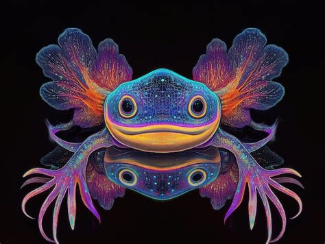 Imagine A Realistic Algorithmic Art Piece Featuring A Balanced Symmetrical Axolotl Outlined With