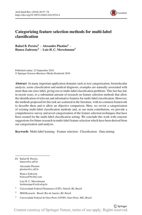 Categorizing Feature Selection Methods For Multi Label Classification Request Pdf