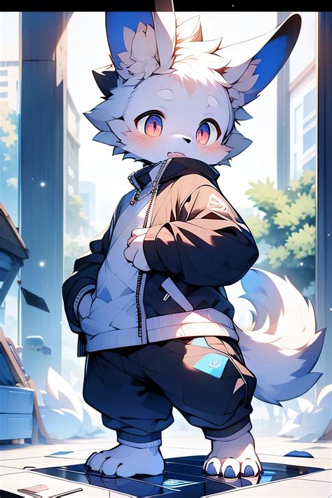 毛茸茸的狗前肢手后肢腿和脚站立 Shota 小男孩整体白色头部 武器 身体 腿上有蓝黑色图案 Whole 身体 Seaart Ai