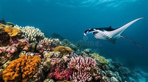 Giant Oceanic Manta Ray Gliding Near A Vibrant Coral Reef Stock