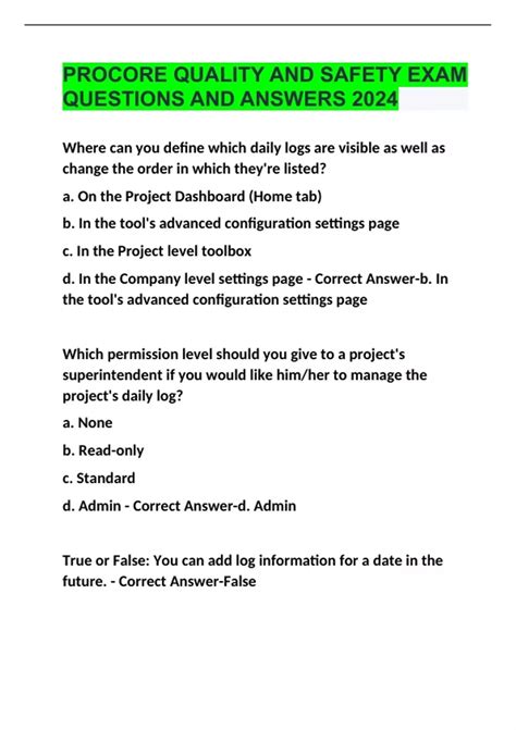 PROCORE QUALITY AND SAFETY EXAM QUESTIONS AND ANSWERS 2024 PROCORE Stuvia US