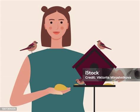 조류 피더 개념으로 음식 조류 학적 플랫 벡터 스톡 일러스트로 새에게 먹이를 주는 여성 개념에 대한 스톡 벡터 아트 및 기타 이미지 개념 계절 곡초류 Istock